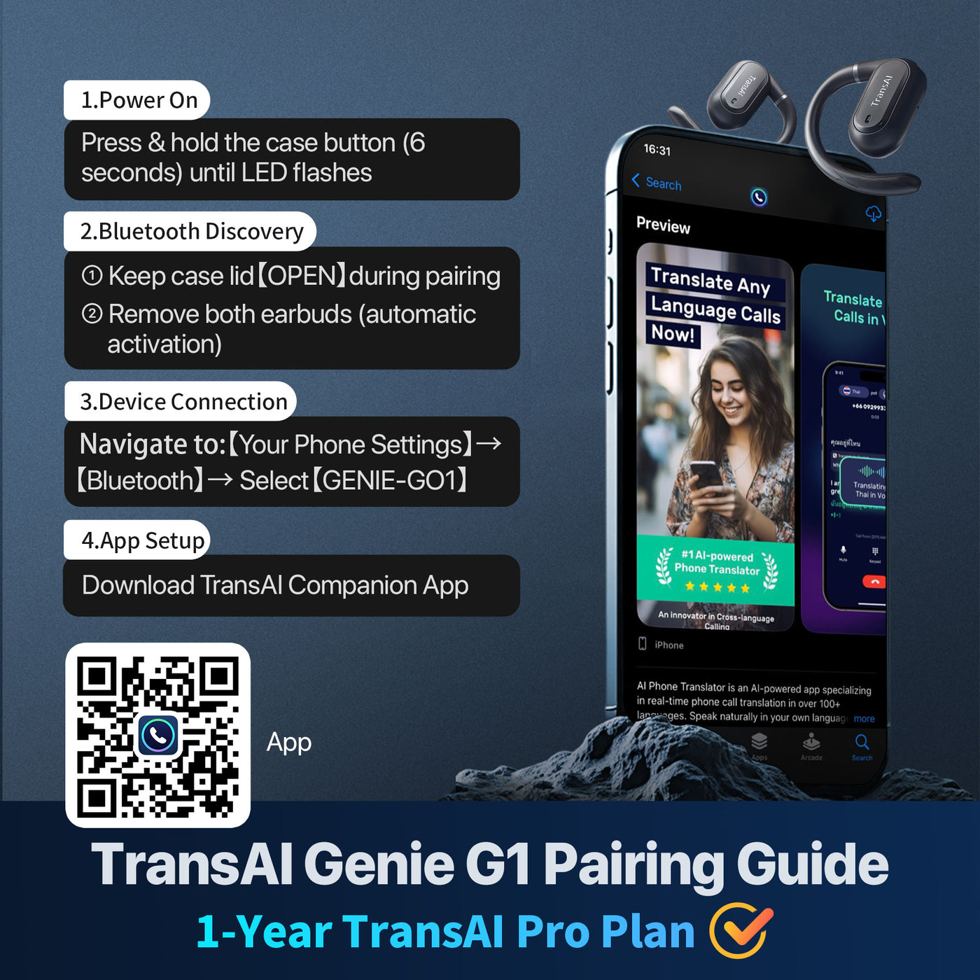 TransAI GO1 实时开放式翻译耳机，带通话翻译功能